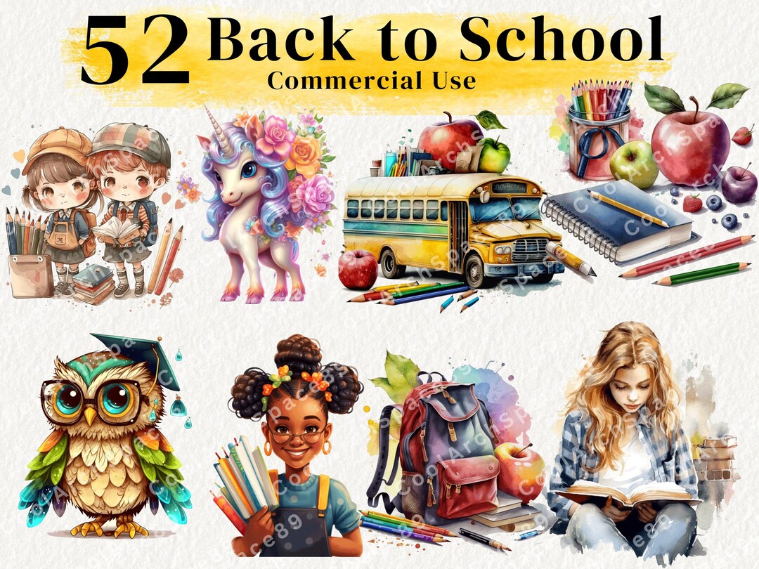 52 Watercolor Back to School Clipart Bundle School Bus, Pencil ...