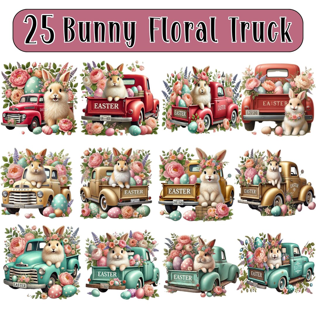 25 Bunny Floral Truck Clipart, Vintage Easter Bunny Truck PNG, Spring ...