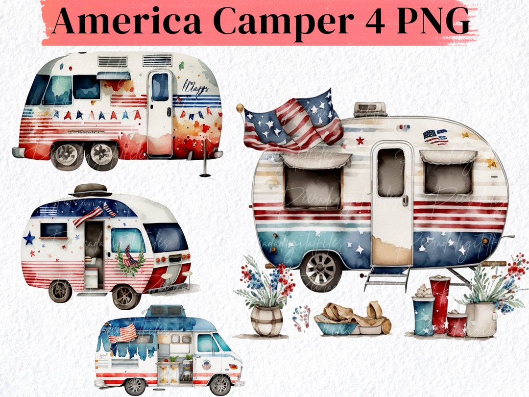 4th of July Camper Watercolor 4 PNG ,camp USA Clipart , Retro Camper ...