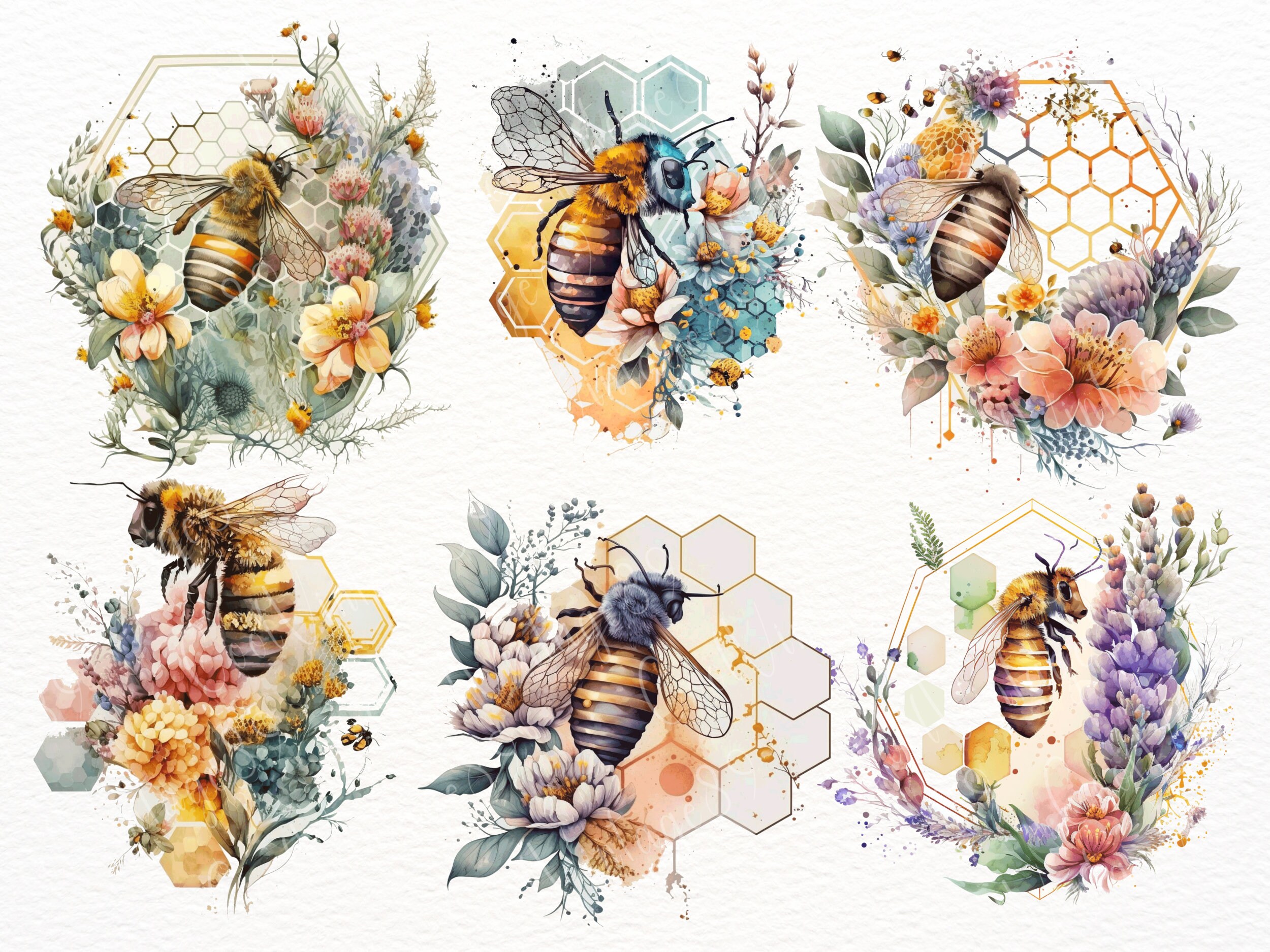 12 Watercolor Honey Bee Clipart, Sublimation Files, Spring Garden Bee ...