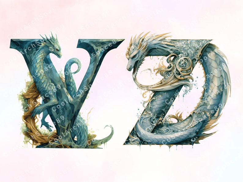 26 A Z Dragon Themed Alphabet Clipart, Watercolor, Digital Print ...