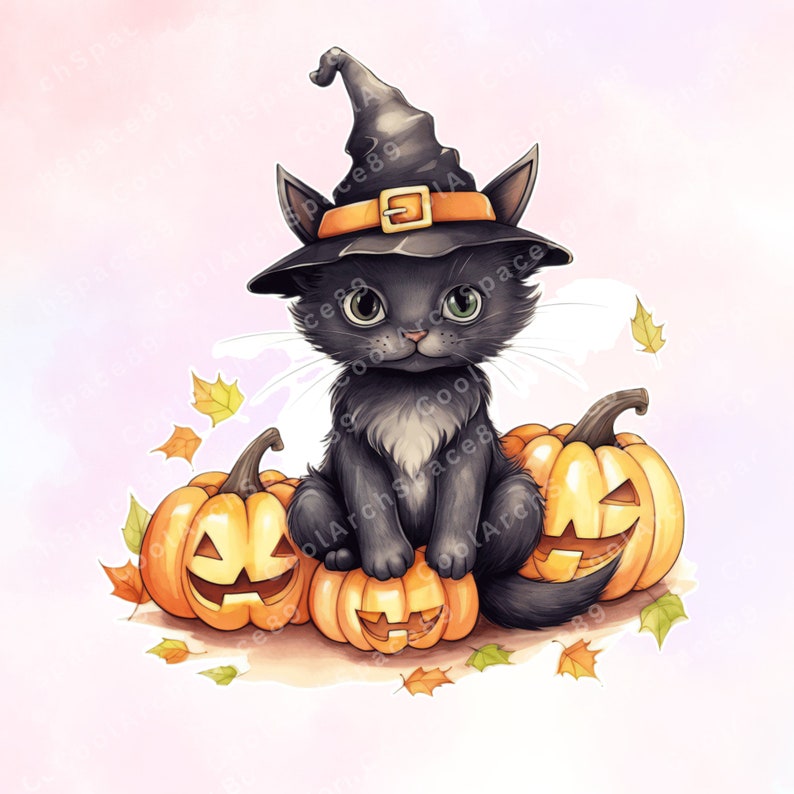 8 Halloween Black Cat Clipart, Watercolor Kitten Clipart, Halloween PNG ...