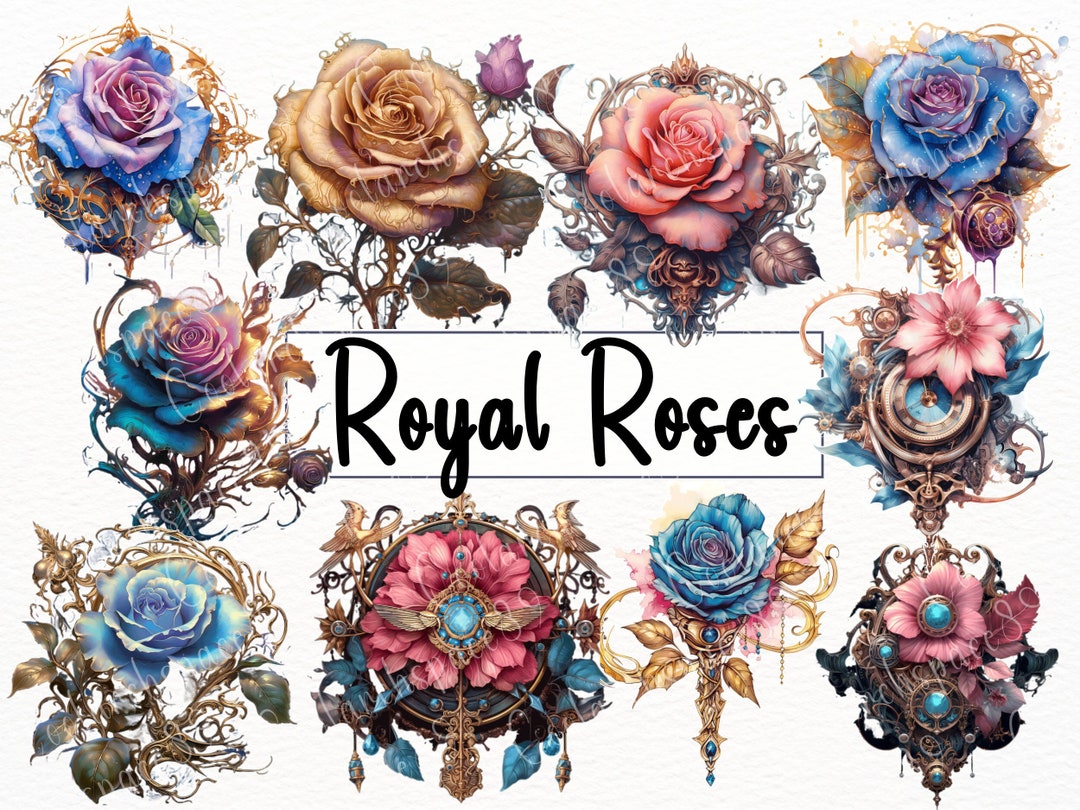 50 PNG Royal Roses, Boho, Pastel Clipart Bundle, Jewelled Rose PNG Clip ...