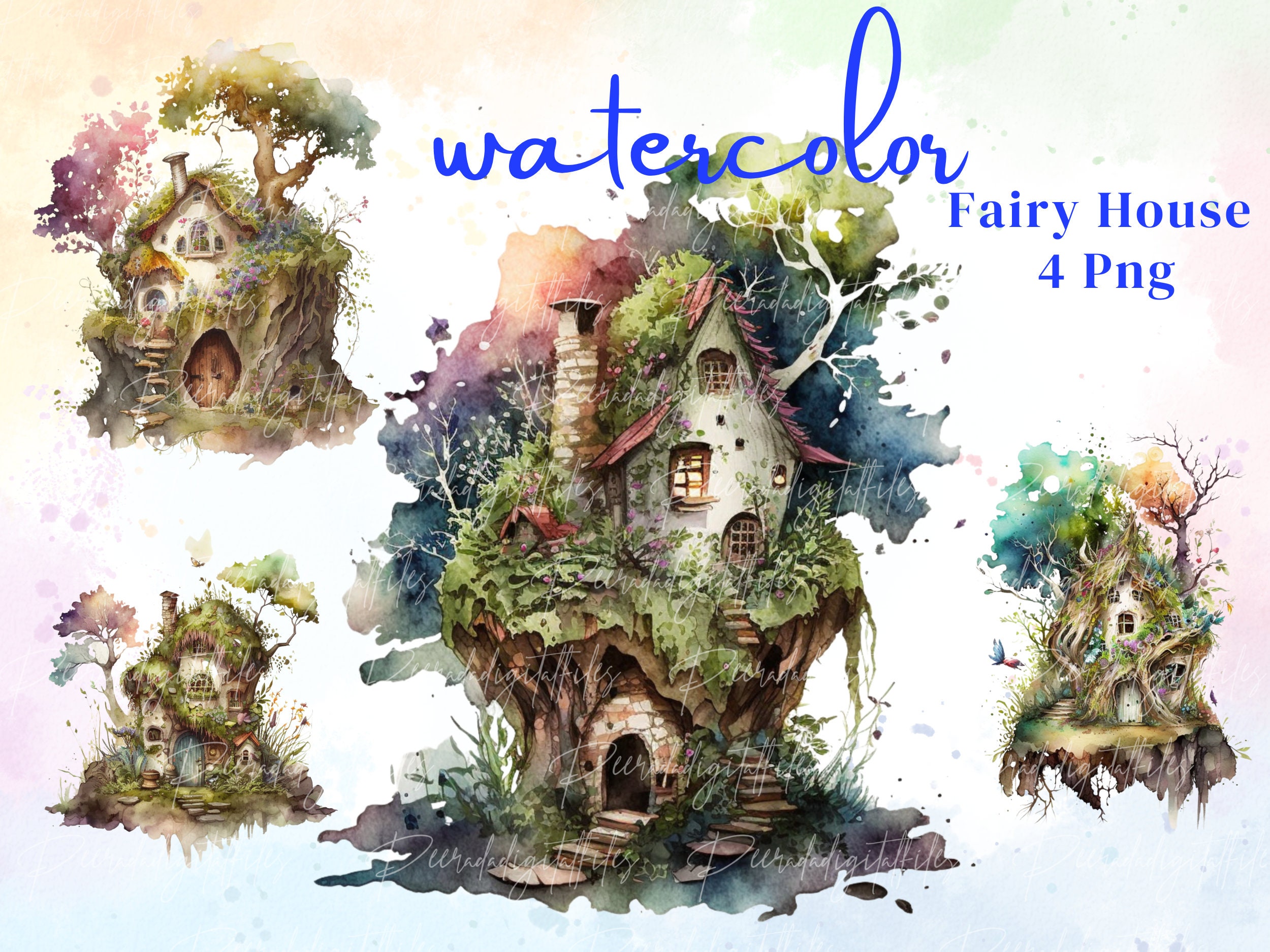 Watercolor Fairy House 4 Png Clip Art Fairy House Digital - Etsy
