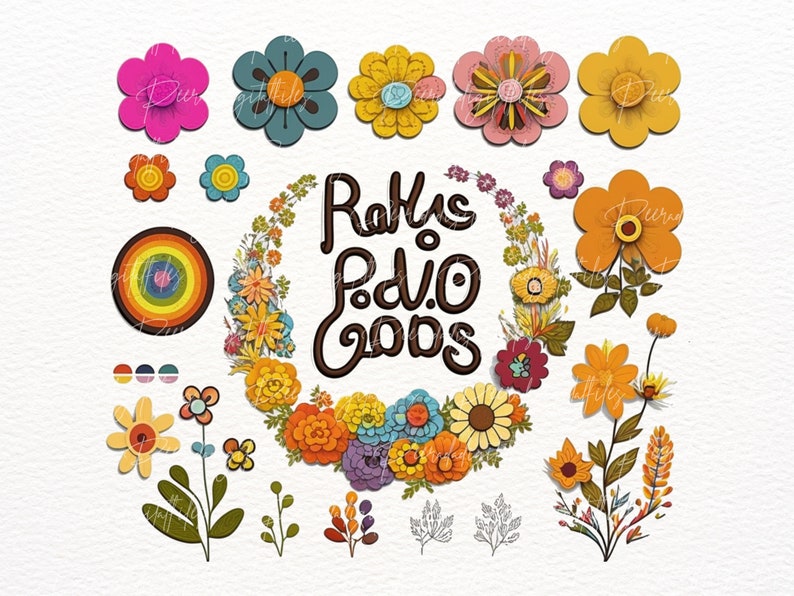 Retro Clipart 4 Png Bundle , Groovy Flowers PNG , Groovy Clipart ...