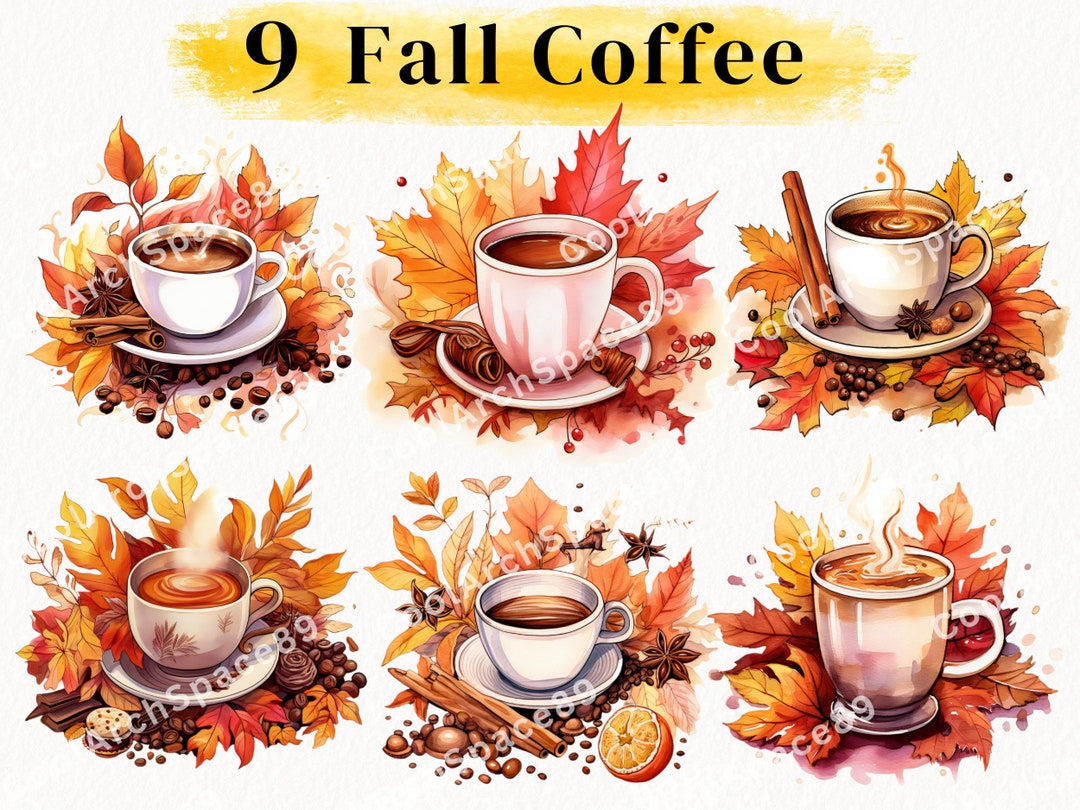 9 Fall Coffee Clipart PNG Watercolor Pumpkin Sublimation, Digital ...
