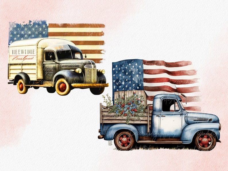 6 Trucker USA Flag Watercolor Clipart Png,trucks Boys Clipart American ...