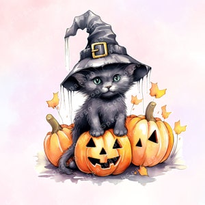 8 Halloween Black Cat Clipart, Watercolor Kitten Clipart, Halloween PNG ...