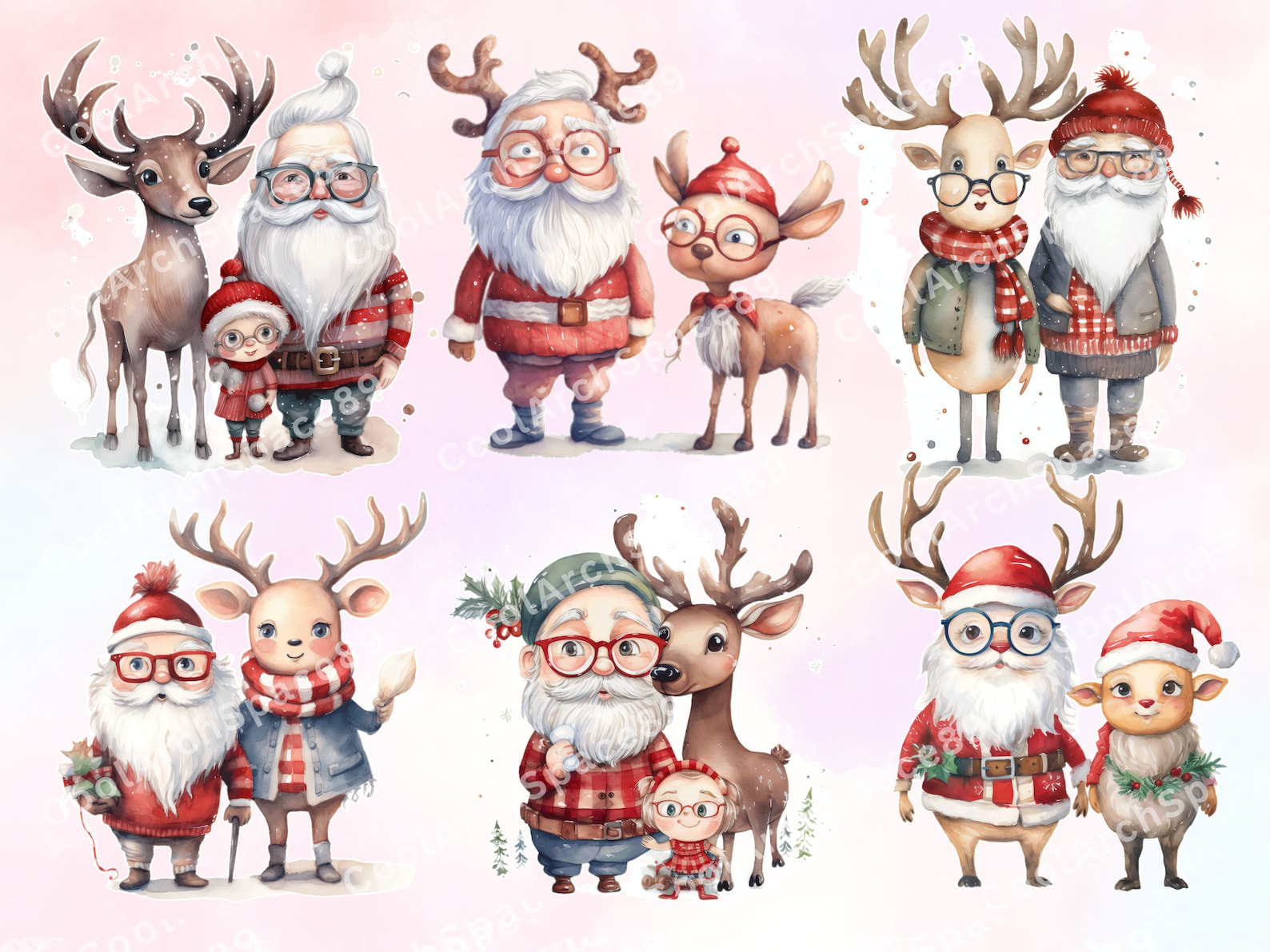 17 Santa Reindeer Watercolor PNG Bundle , Santa Claus Clipart ...