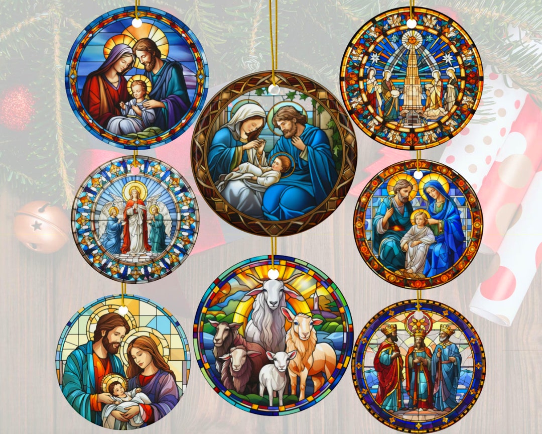 Set of 8 Nativity Christmas Ornament Faux Stained Glass Ornament, Xmas ...