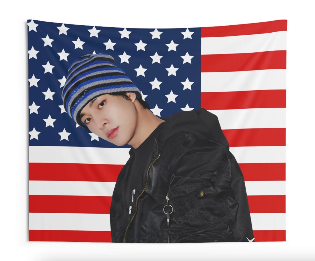 Enhypen Jake Wearing Bennie Photo Flag Banner, Jake American Tapestry ...