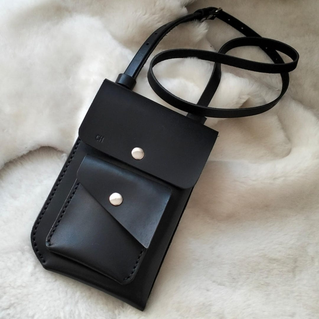 Handmade Leather Phone Bag, Design Phone Bag, Black Leather Phone Pouch ...