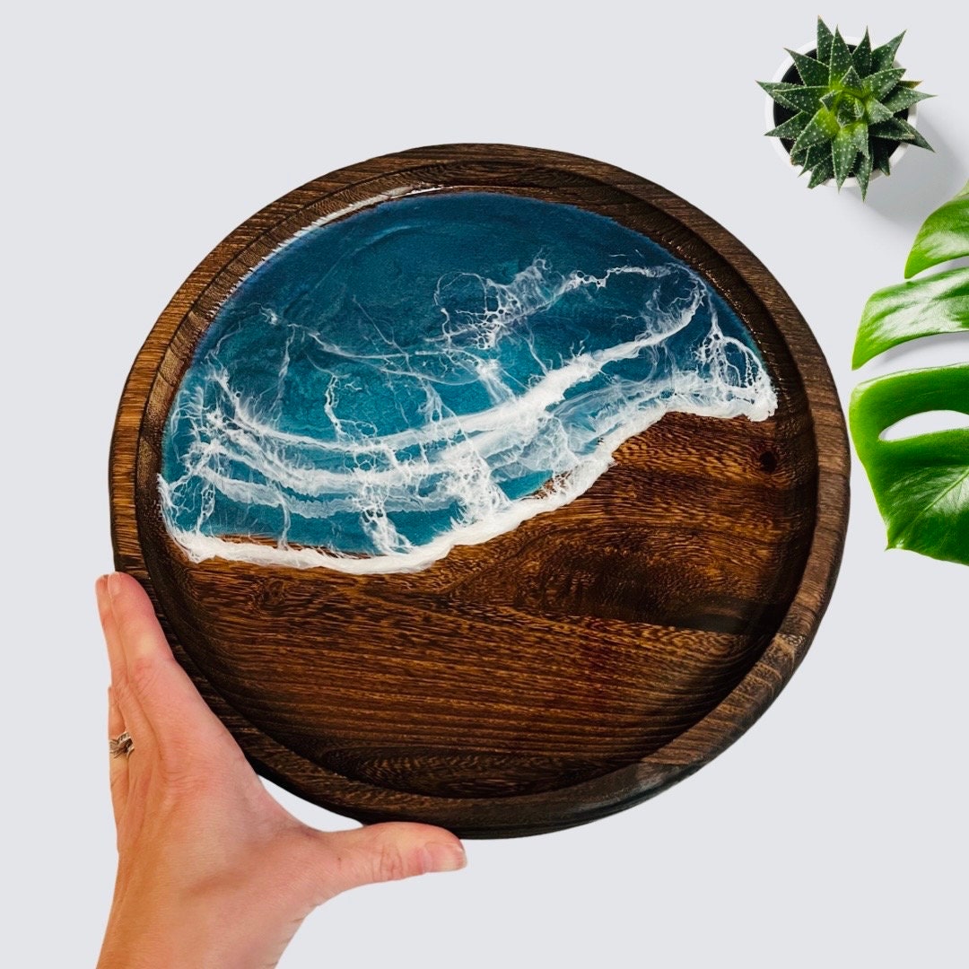 12 Inch Round Resin and Wood Ocean Tray : Handmade Beach Themed ...