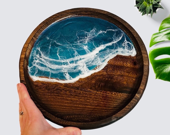 12 Inch Round Resin and Wood Ocean Tray : Handmade Beach Themed ...