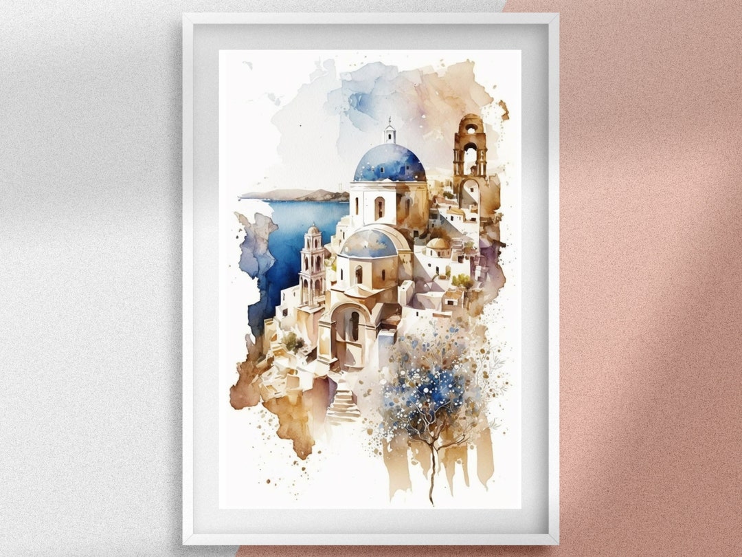 Santorini Watercolor Painting, Greek Printable Wall Art, Greece ...