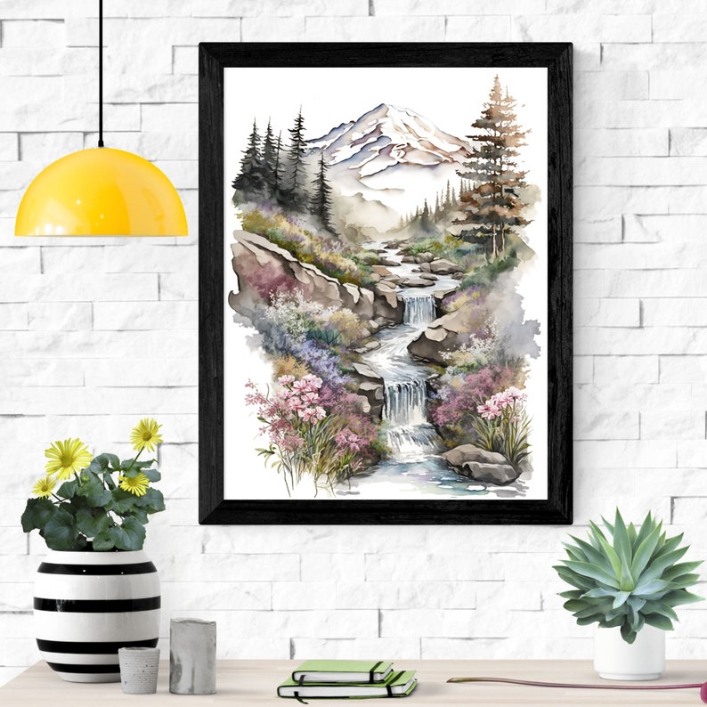 Mount Rainier National Park Watercolor Painting, Nature Printable Wall ...