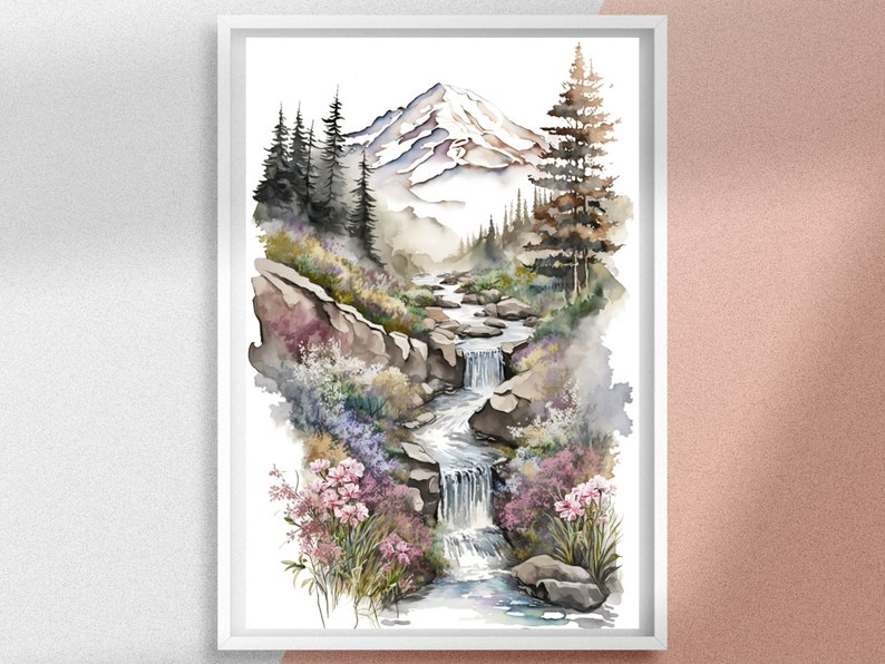 Mount Rainier National Park Watercolor Painting, Nature Printable Wall ...