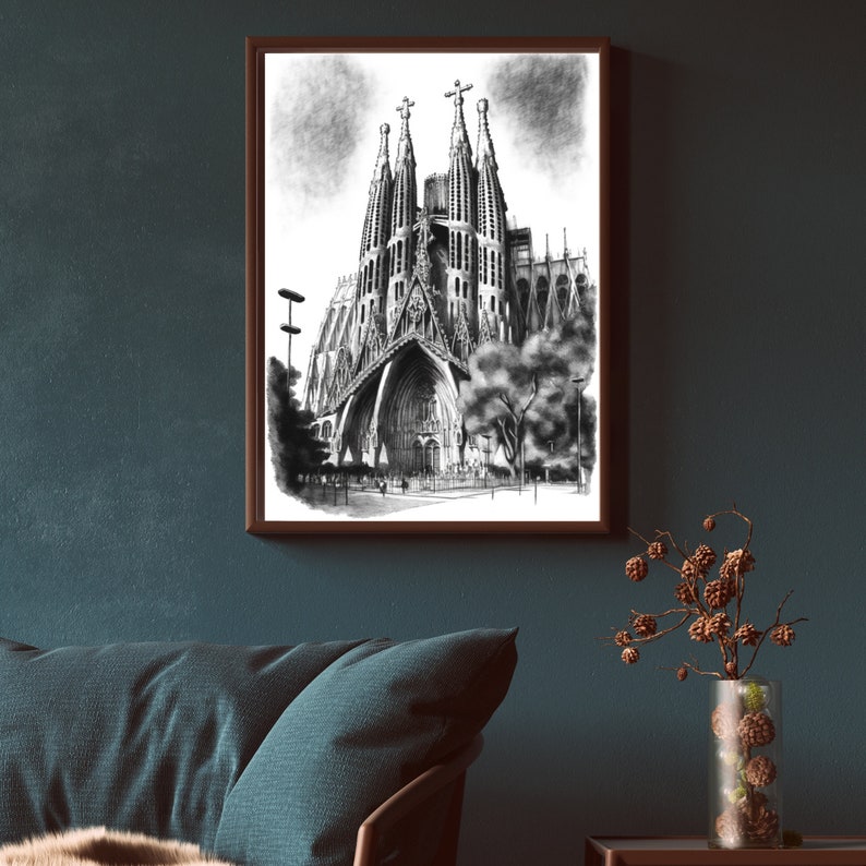 Sagrada Familia Sketch Poster, Barcelona Spain Black and White Wall Art ...