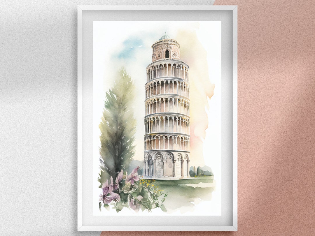 Tower of Pisa Watercolor Painting, Italy Printable Wall Art, Landmark ...