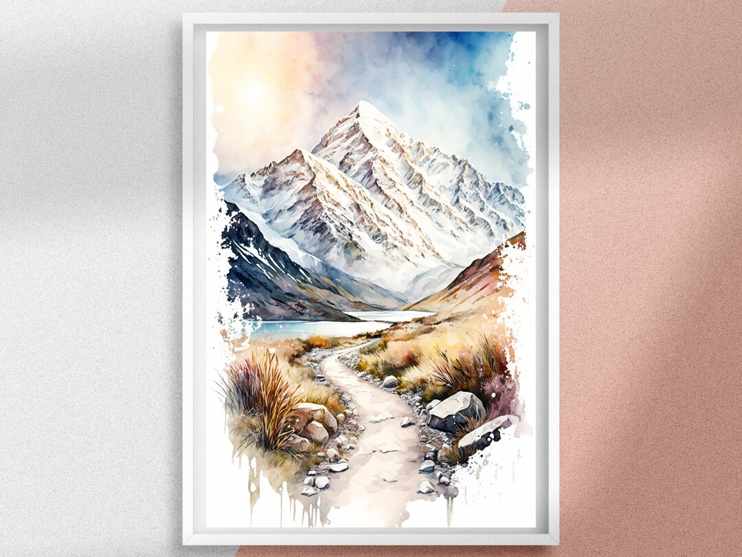 Aoraki Mount Cook Watercolor Painting, New Zealand National Park Travel ...
