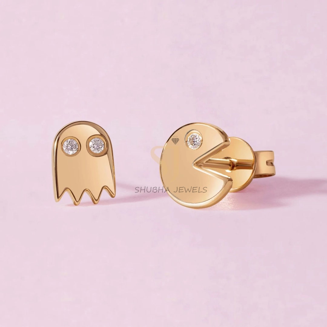14k Gold Pac Man Studs, Gold Pac Man Stud Earrings, Handmade 14k Gold ...
