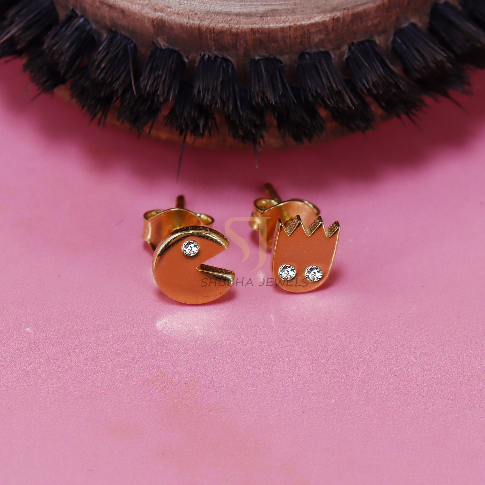 14k Gold Pac Man Studs, Gold Pac Man Stud Earrings, Handmade 14k Gold ...