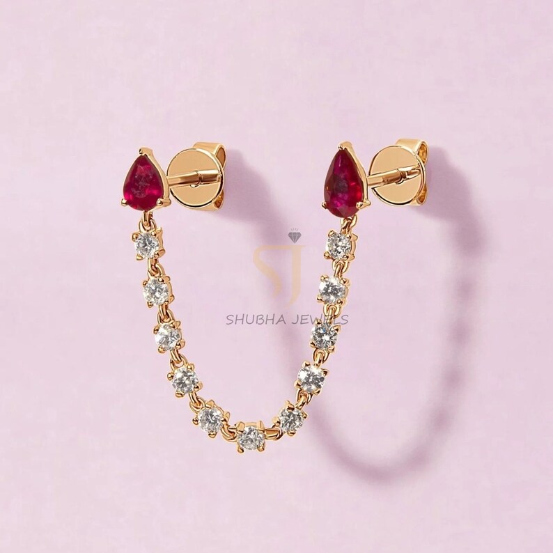 14k Gold Double Pear Gemstone Chain Earring Gold Chain - Etsy