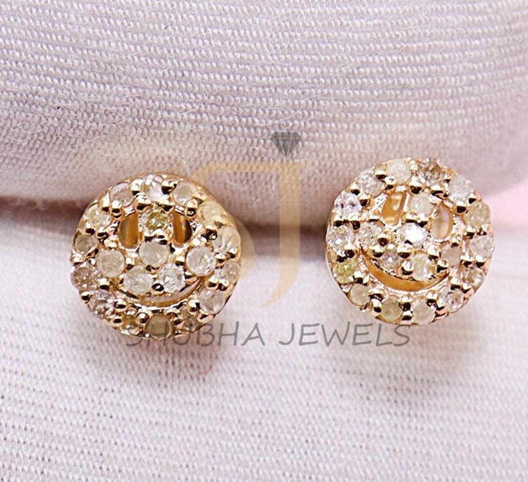 14k Gold Tiny Diamond Pave Smiley Face Studs, Gold Diamond Smiley Stud ...