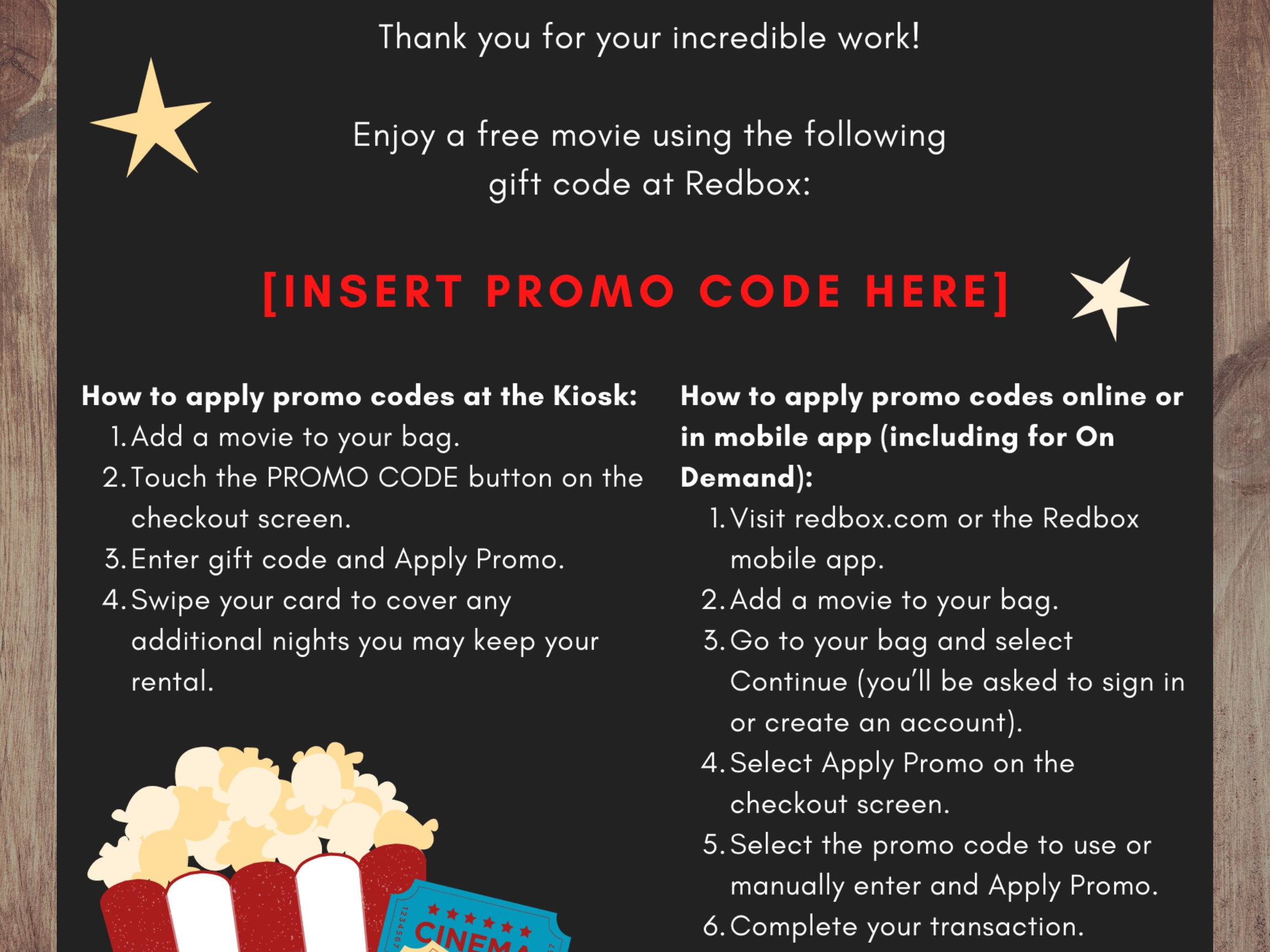 Editable Movie Night Gift Template | Redbox Appreciation Printable ...