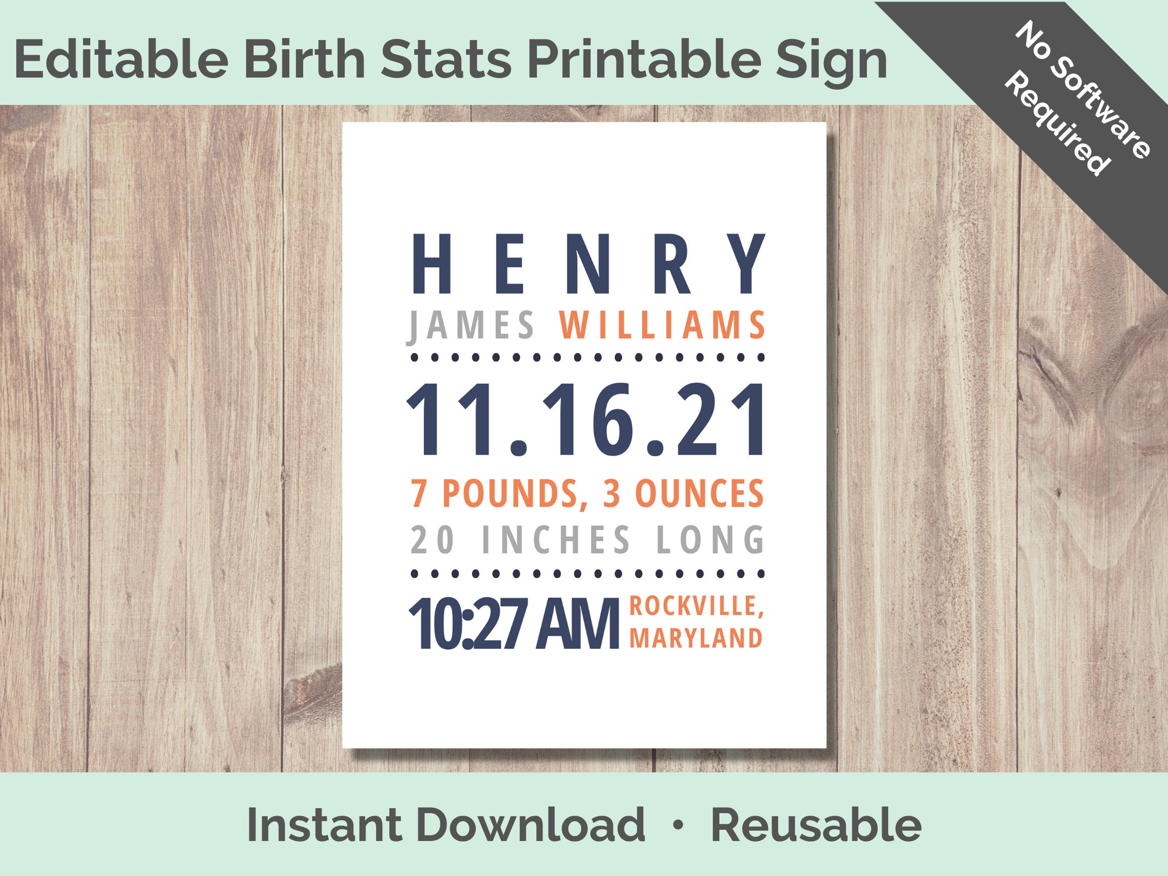 Editable Baby Boy Birth Stats Printable Sign 8.5 X - Etsy