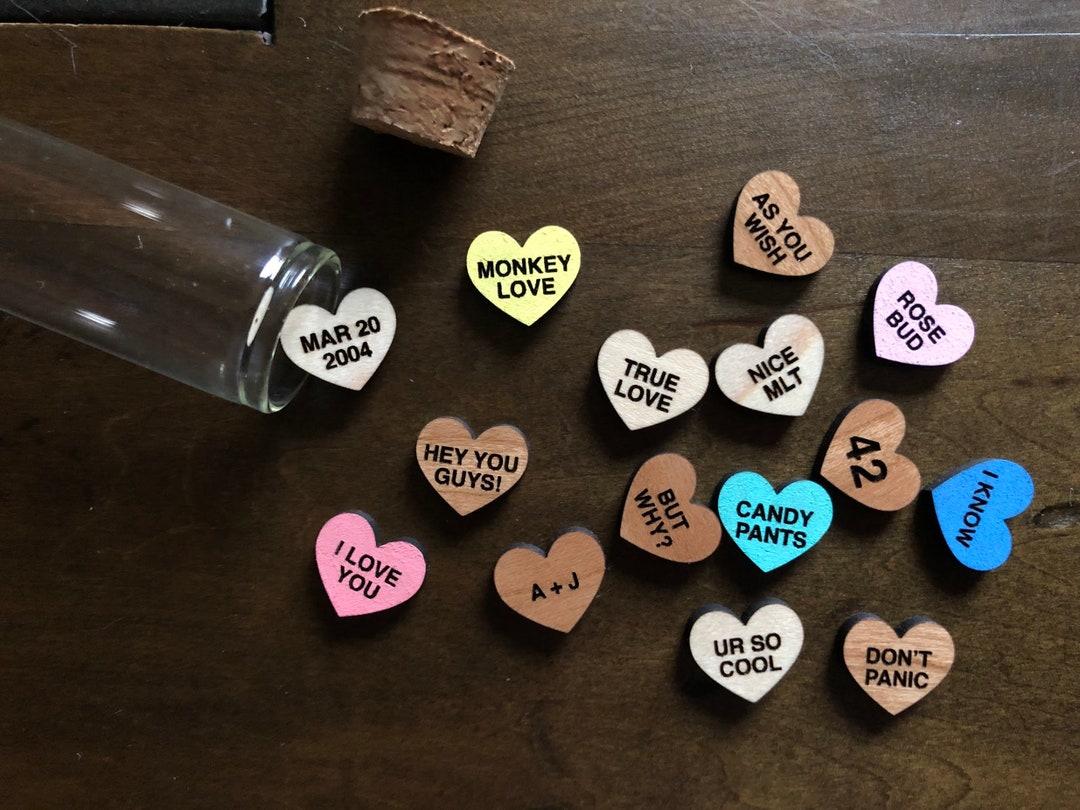 Custom Conversation Hearts in Corked Glass Tube ~ Laser Cut Wood ...