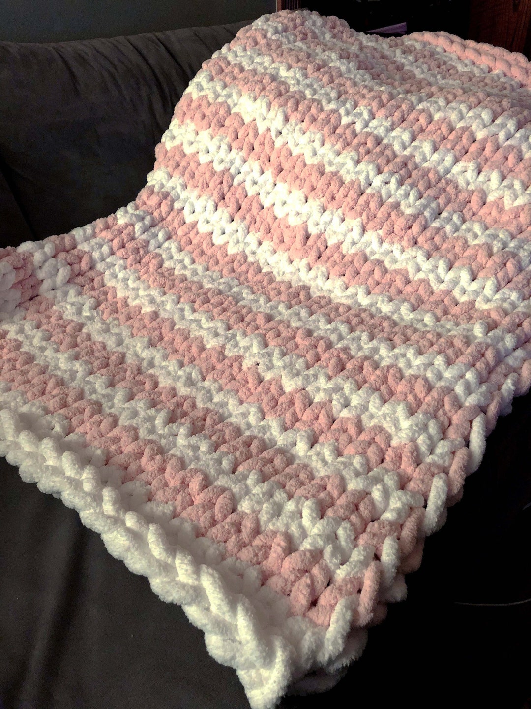 Chunky Hand Knit Blanket ~ Pink and White Striped Knit Throw ~ Chunky ...