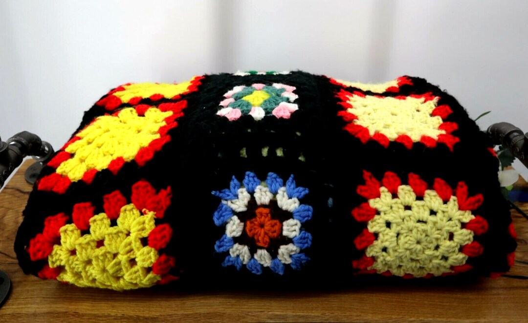 Granny Square Black Afghan Crochet Throw Blanket 46 X 78 Roseanne Handmade USA - Etsy