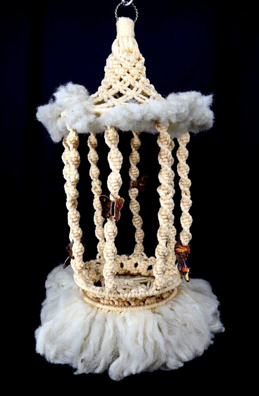 Vintage MCM Macrame Plant Hanger Bird Cage W/ Birds & Butterfly Ceramic ...