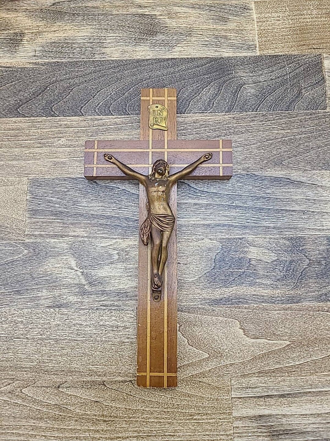 Vintage Crucifix INRI Jesus Christ Metal Copper Color Savior Wood Cross ...