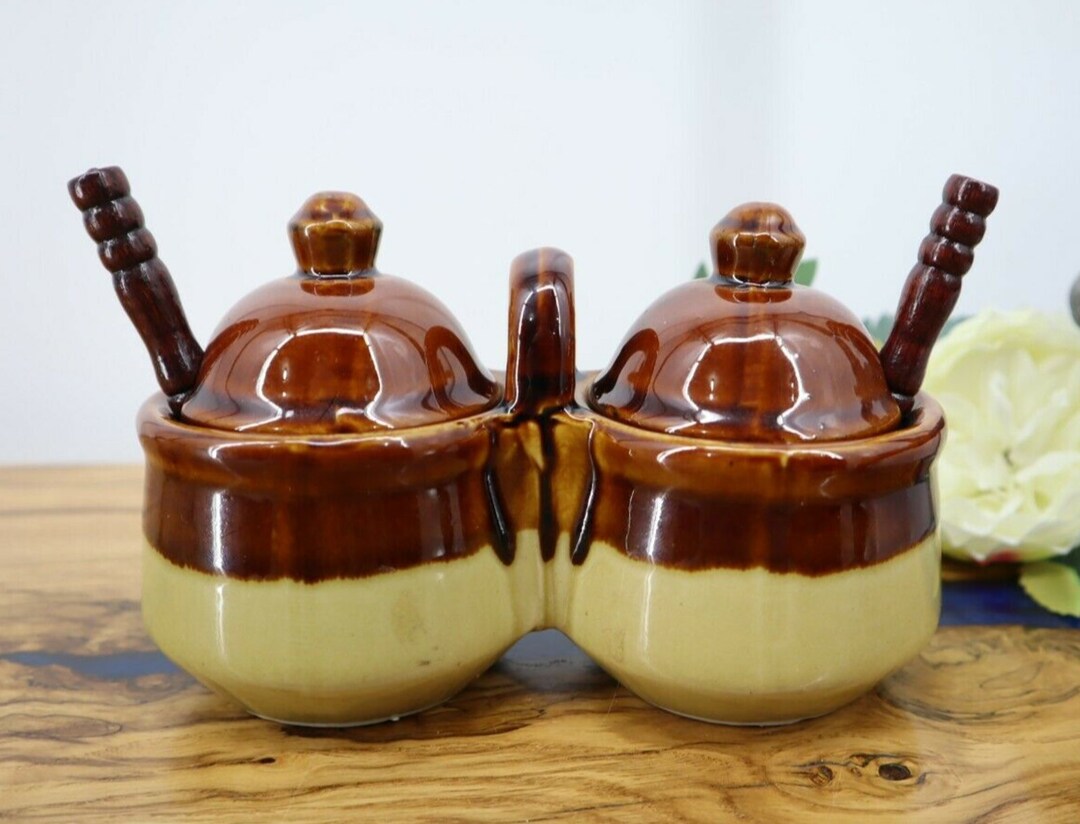 Vintage Brown & Cream Glazed Ceramic Double Jam Jar W/wood Handle ...