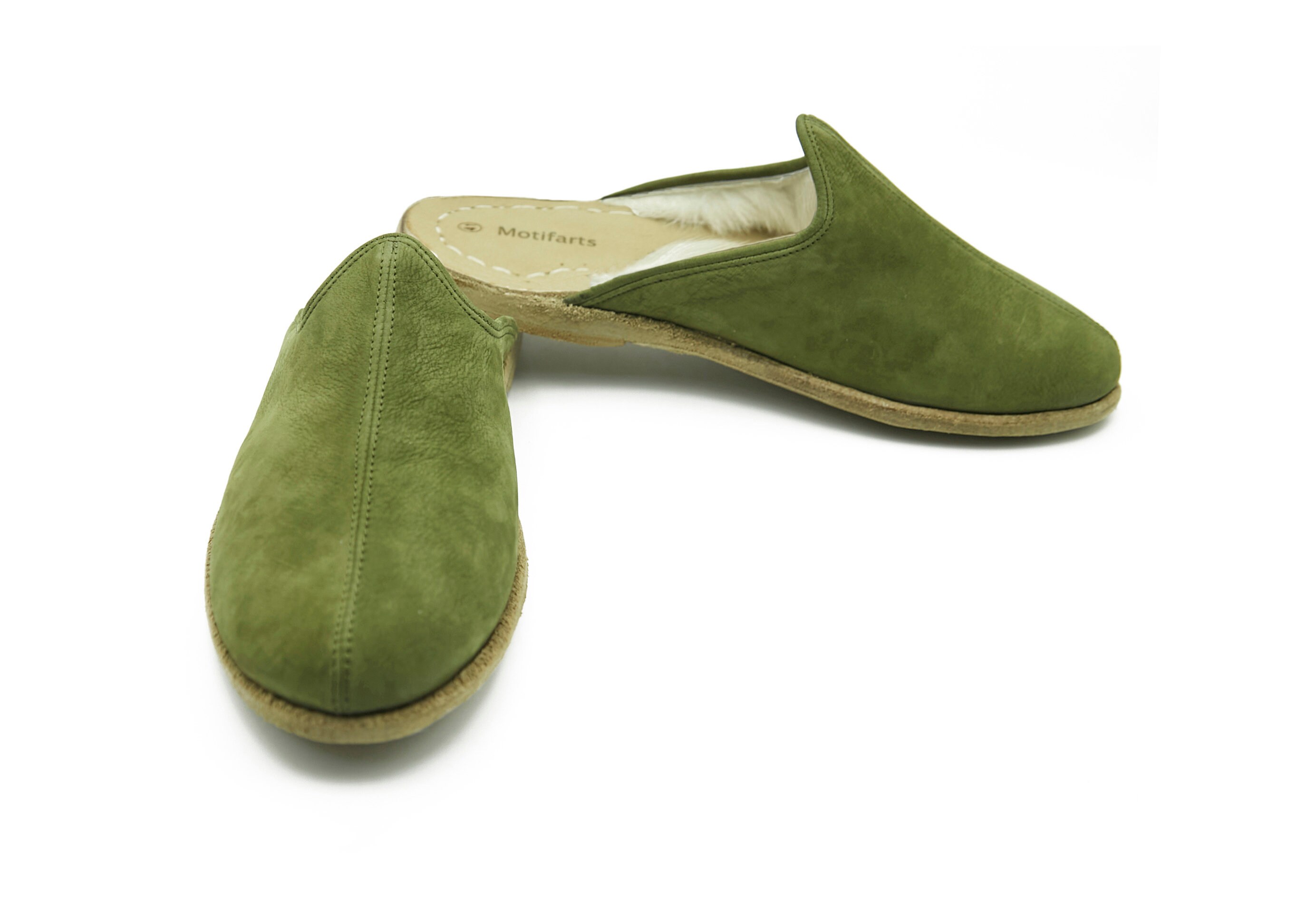 Men's Green Shearling Slippers: Handmade Organic Leather Slip-ons - Etsy