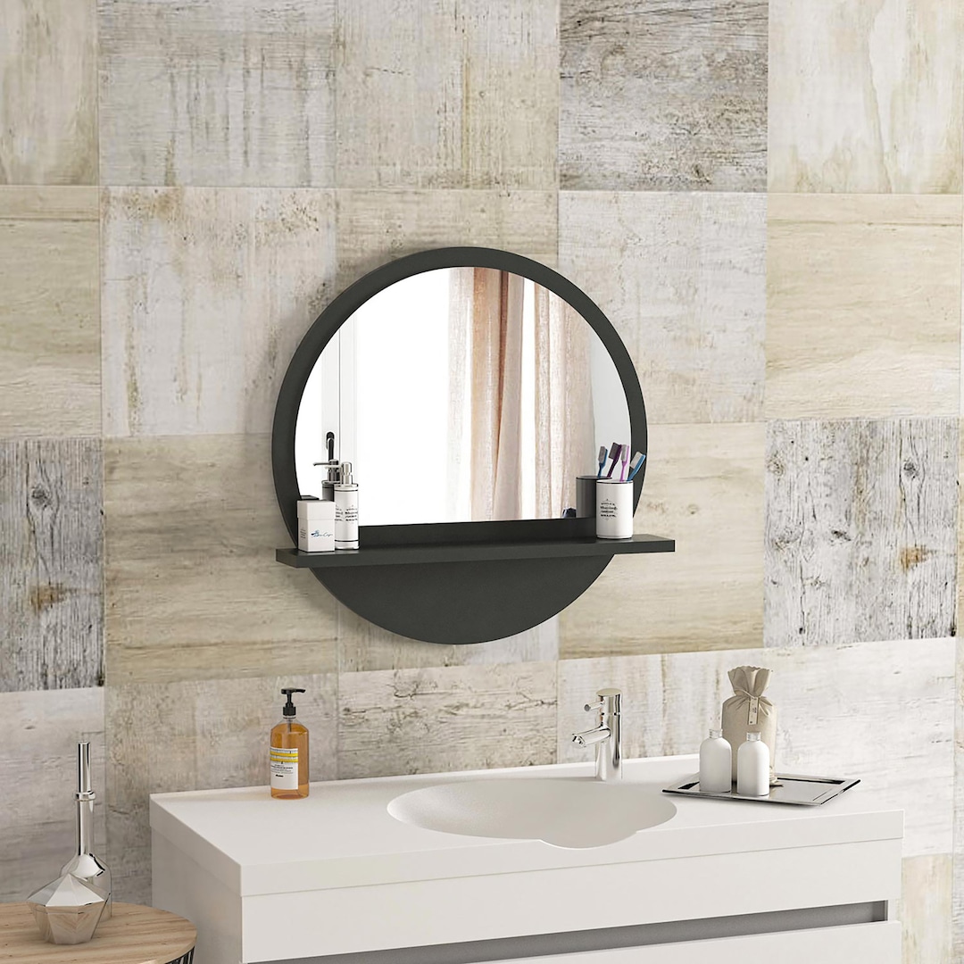 Anthracite Square Wall Decor Mirror Bathroom Mirror With Shelf Trained ...