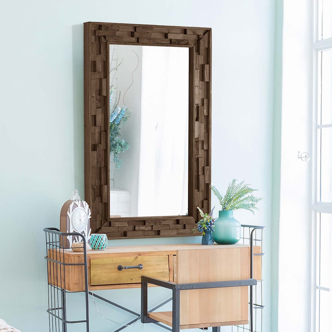 Handmade Jenga Style Wooden Wall Decor Mirror - Rectangle Medium Size ...