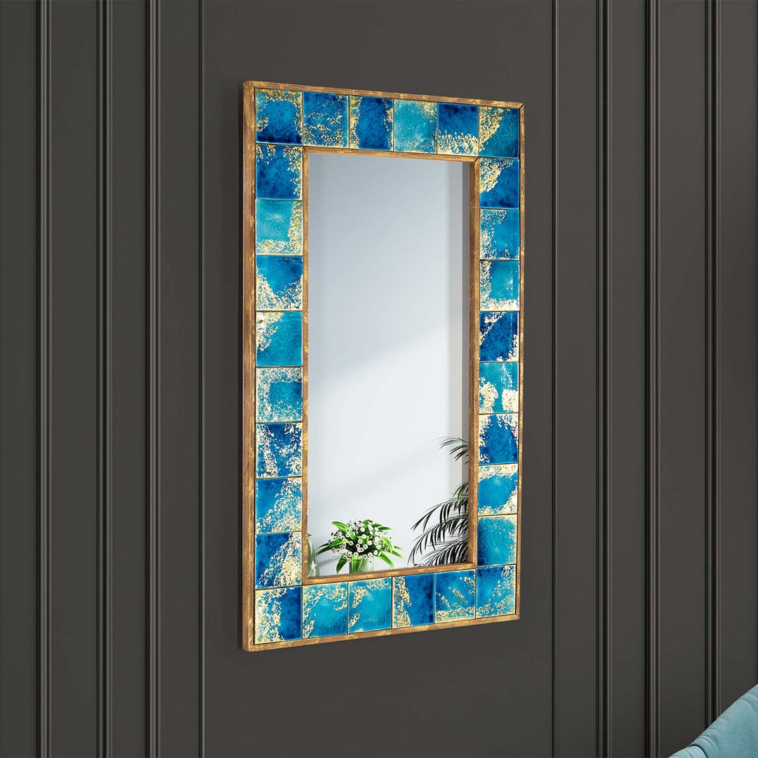 Handmade Blue Tile Ceramic Stone Mirror - Home Decor Wall Hanging ...