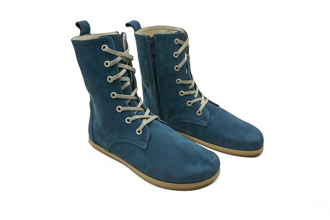 Women's Barefoot Nubuk Boots: Handmade Blue Leather Tie Boots - Etsy