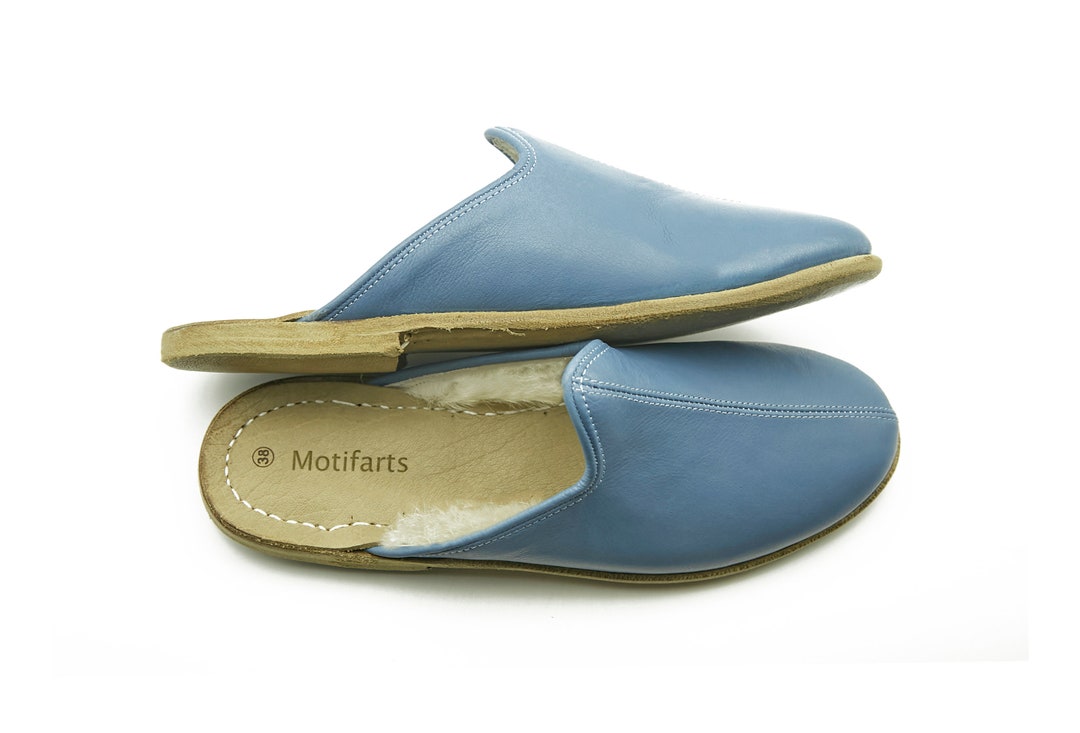 Handmade Leather Shearling Slippers: Sky Blue Warm Slip-ons - Etsy