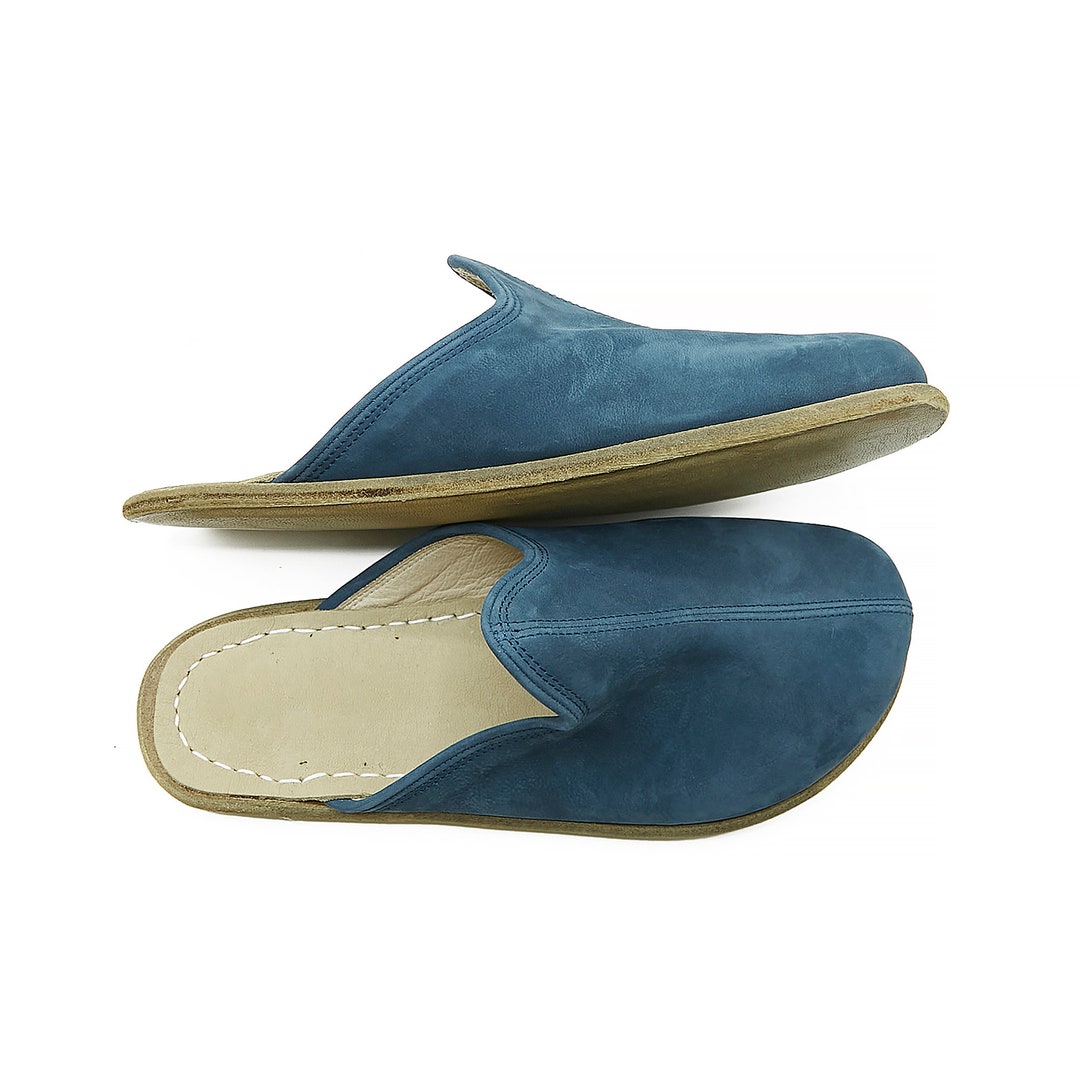 Men's Blue Leather Barefoot Slippers: Wide Toe Box, Zero Drop Sole - Etsy