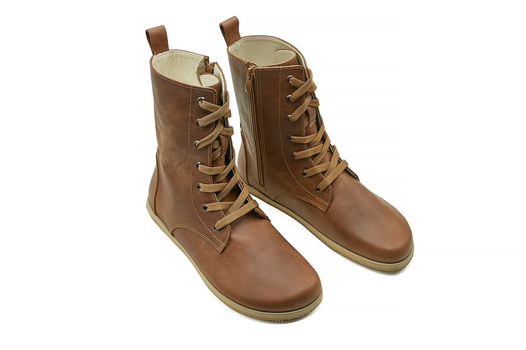 Men's Barefoot Long Tan Tie Boots - Handmade Organic Winter Boots With ...