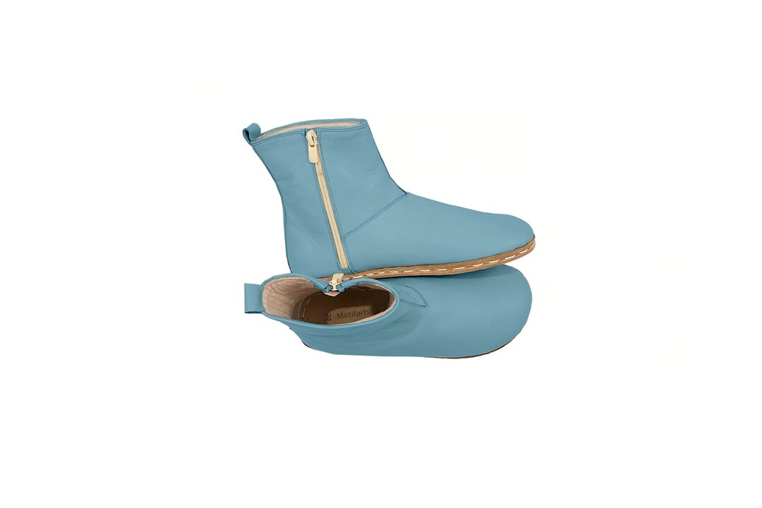 Women's Handmade Barefoot Baby Blue Leather Ankle Boots With Zipper ...
