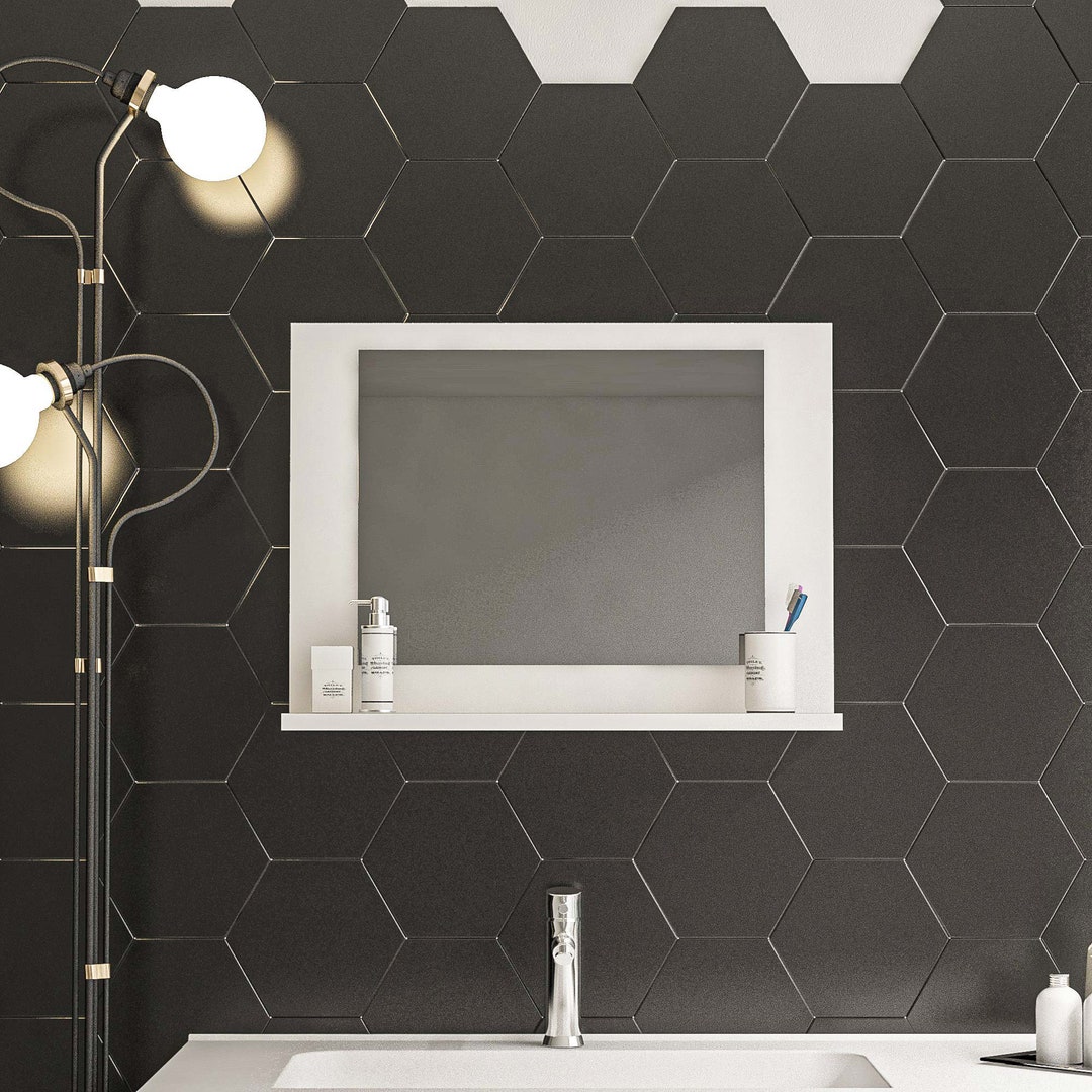 White Rectangular Wall Decor Mirror Bathroom Mirror With Shelf Trained ...