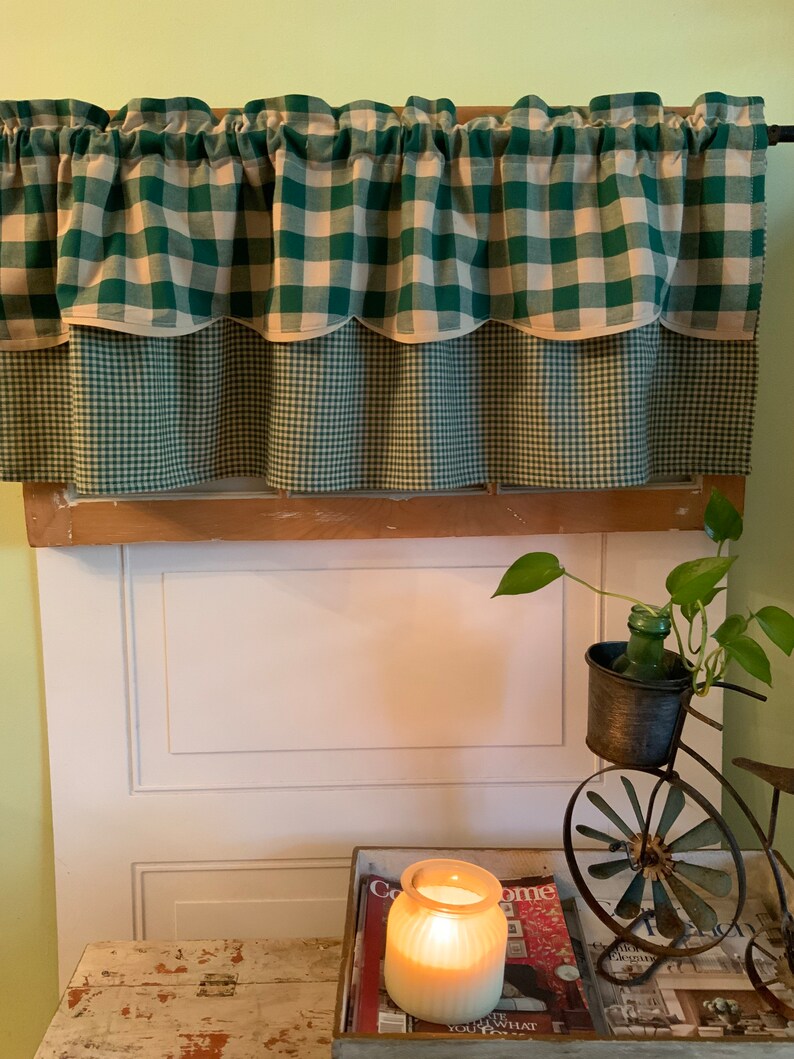 Farmhouse Double Layered Scalloped Green Cream Valance - Etsy