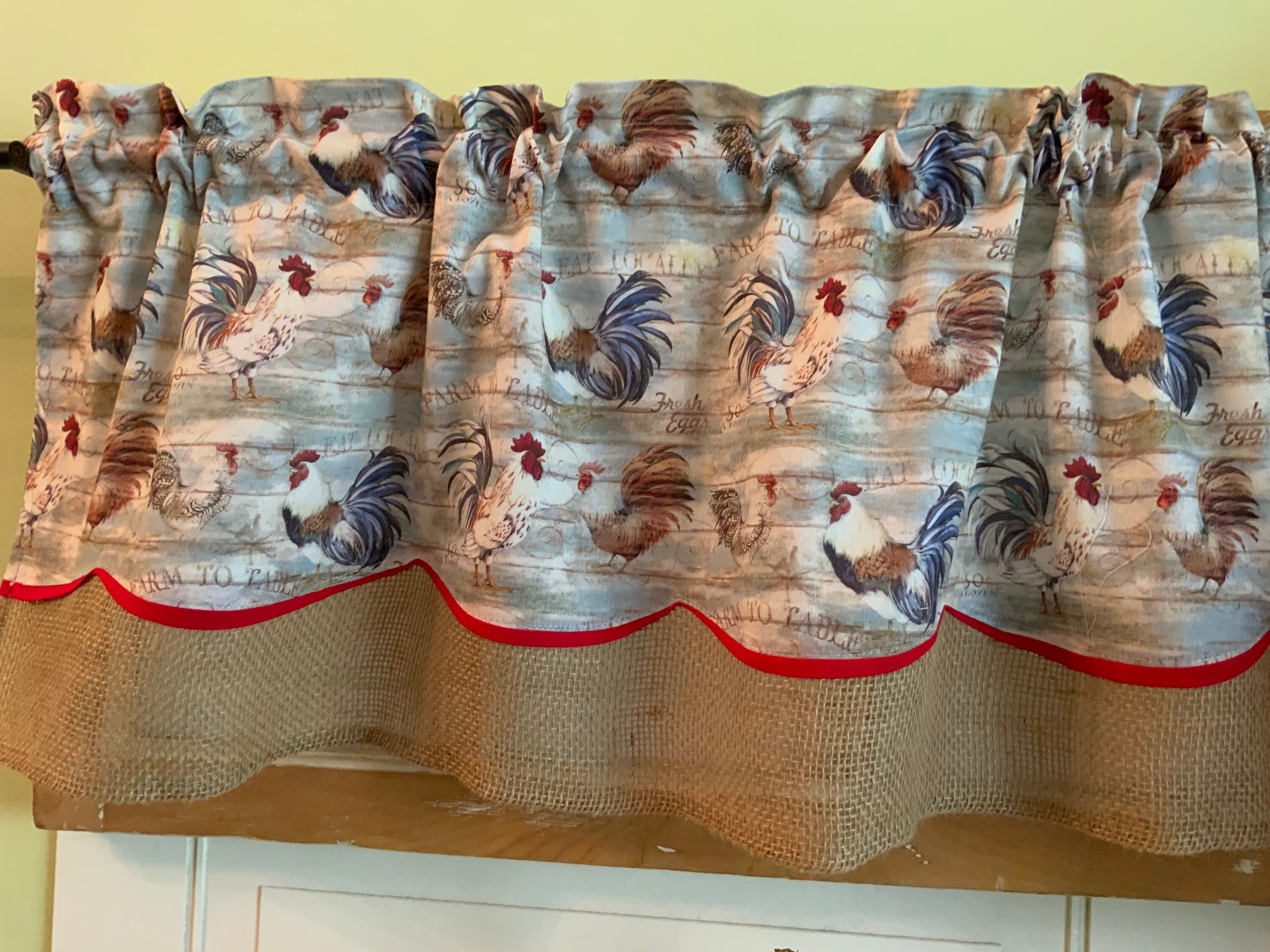 French Country Roosters Valance. Scalloped Valance With Burlap - Etsy