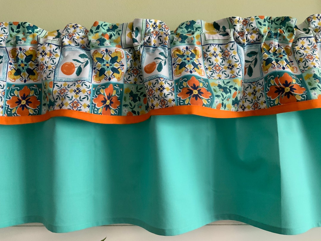 Double Layered Lemons and Oranges Valance. Orange, Aqua Valance. - Etsy