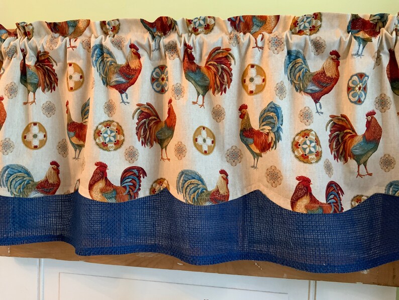 French Country Roosters Valance Scalloped Blue Burlap - Etsy